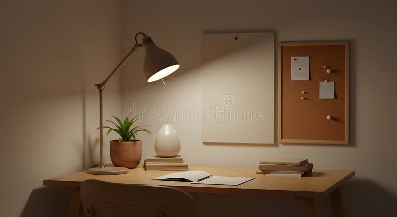 Cozy Workspace Corner with Warm Lighting and Natural Elements Stock ...