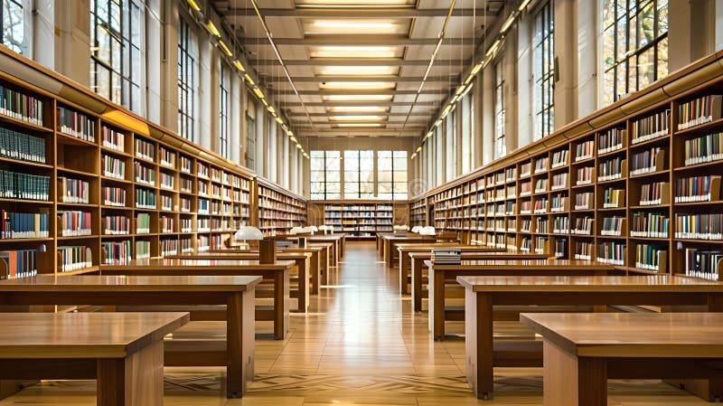 Serene and Well-organized Library Interior with Rows of Books. Warm ...