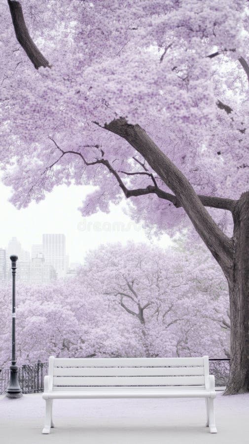Serene White Bench Under a Blooming Lavender Tree in a Tranquil Park ...