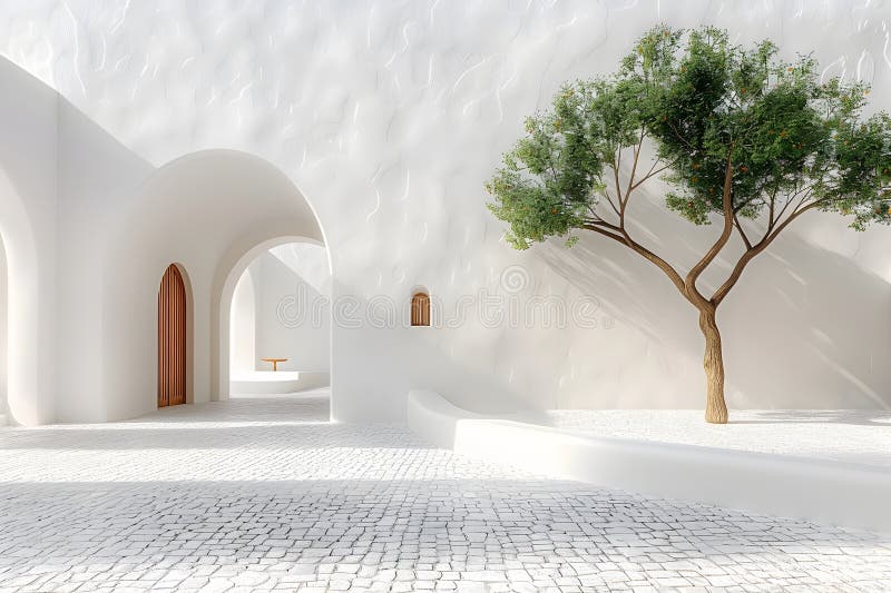 Serene White Courtyard with Green Tree and Cobblestone Path Generative ...