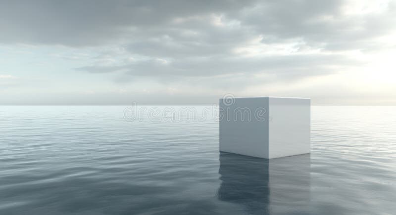 A Serene White Cube Floats on Tranquil Water Beneath a Cloudy Sky in ...