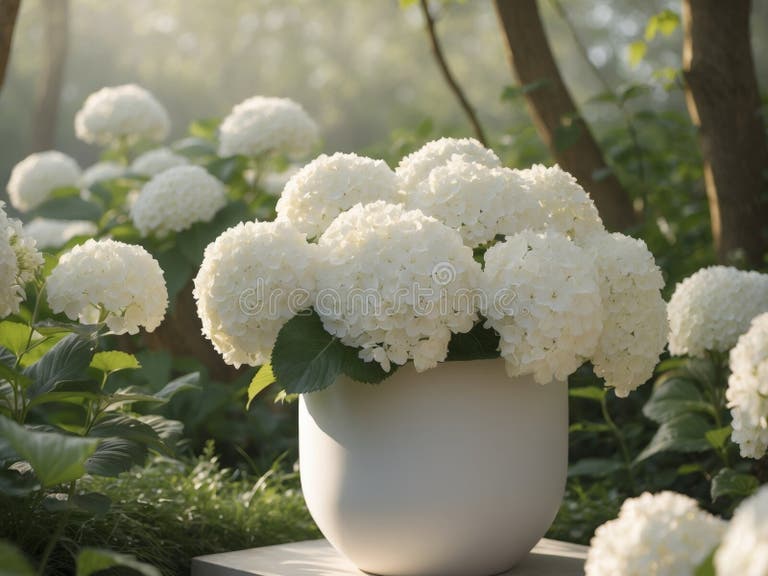 Serene White Hydrangea Blooms in Modern White Pot Spring Garden Stock Image - Image of hydrangea ...