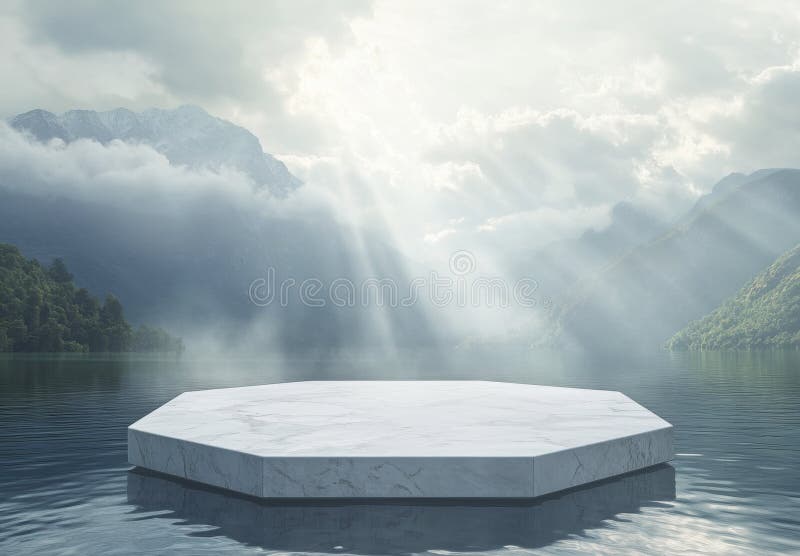 Serene White Marble Hexagon Platform on Calm Water with Mountain View ...