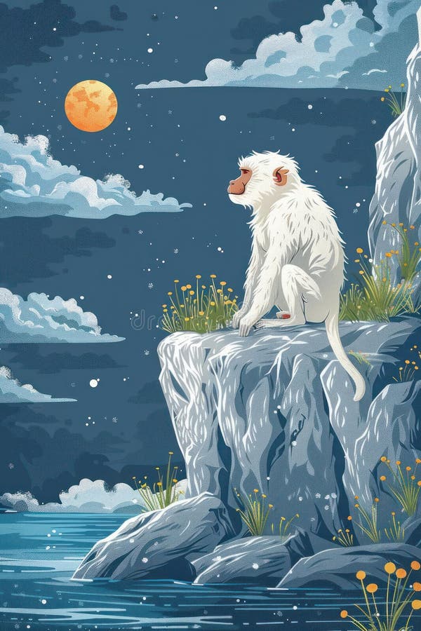 Serene Snow Monkey at Night on a Cliffside, Gazing at the Moon Stock ...