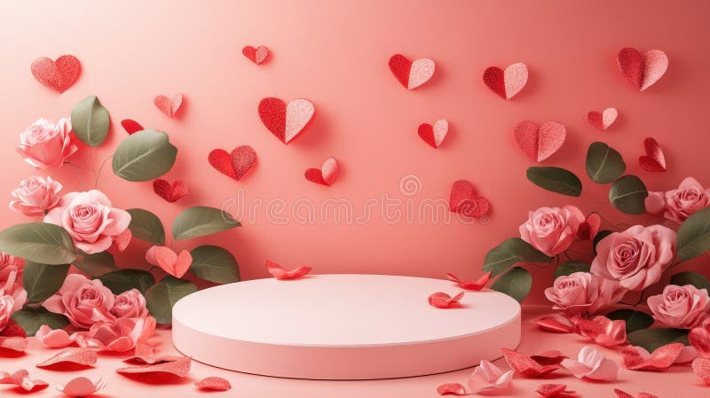 A Serene White Platform is Elegantly Framed by Vibrant Pink Roses and ...