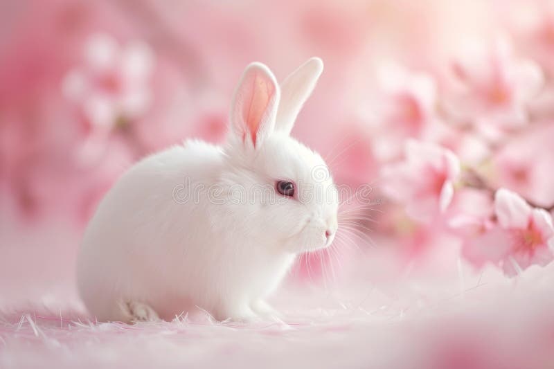 Serene White Rabbit and Cherry Blossoms Stock Image - Image of floral ...