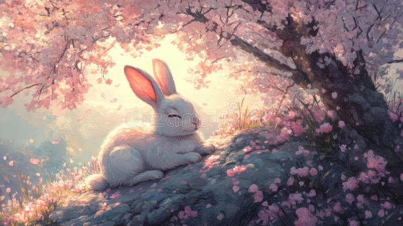 Serene White Rabbit Resting Under Cherry Blossom Tree Stock ...