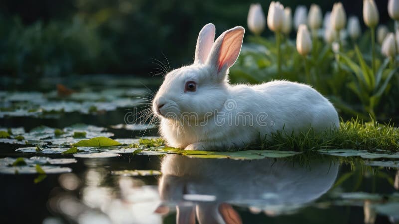 Adorable White Rabbit Relaxing by the Pond with Tulips Stock ...