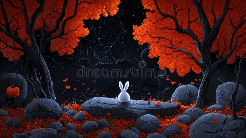 A Serene White Rabbit Sitting on a Rock among Vibrant Red Trees in a ...