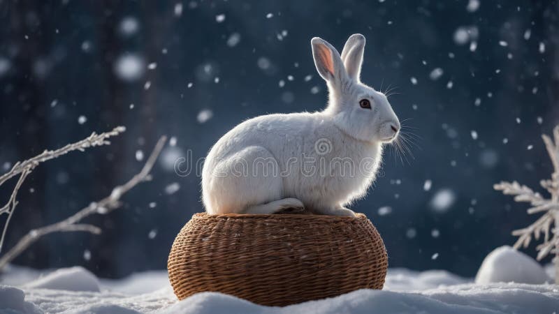 Adorable White Rabbit Sitting in a Basket in Snowy Winter Stock ...