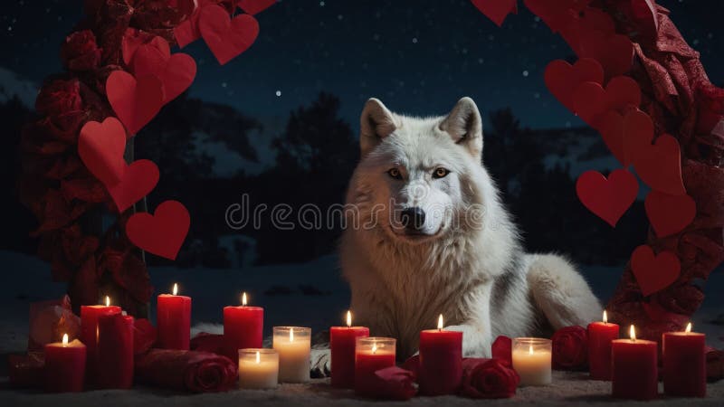 Romantic White Wolf with Candles and Hearts for Valentine S Day Stock ...