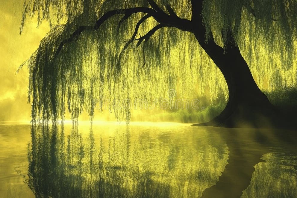 Serene Willow Tree by Calm Water Under Soft Yellow Light Stock ...