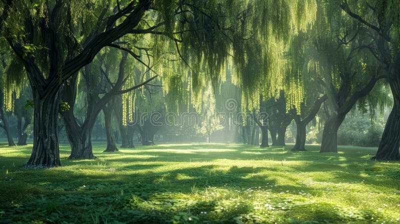 Serene Willow Trees in a Lush Grass Park Under Gentle Morning Light ...