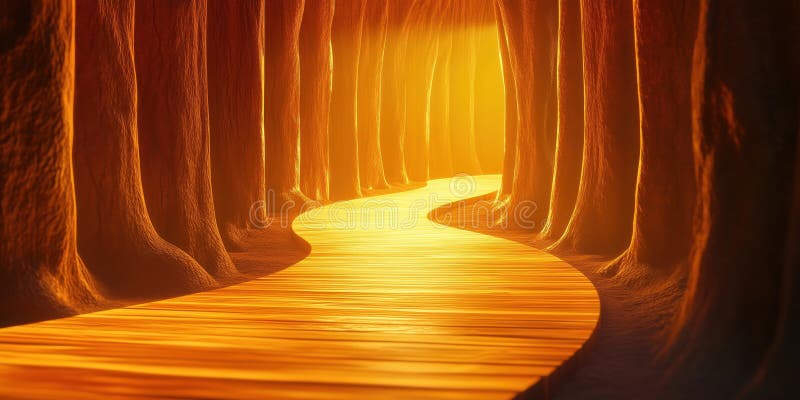 Serene Winding Path through Golden Forest Illuminated by Warm Sunlight ...