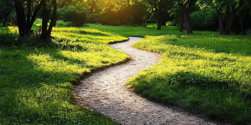 Serene Winding Path through Lush Green Forest in Sunrise Light Stock ...