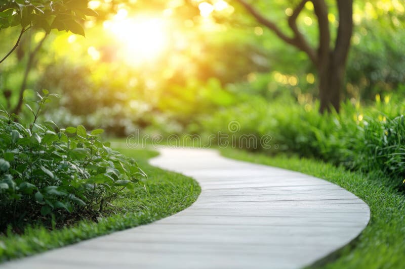 Serene Winding Path through Lush Greenery at Sunset in a Tranquil Park ...