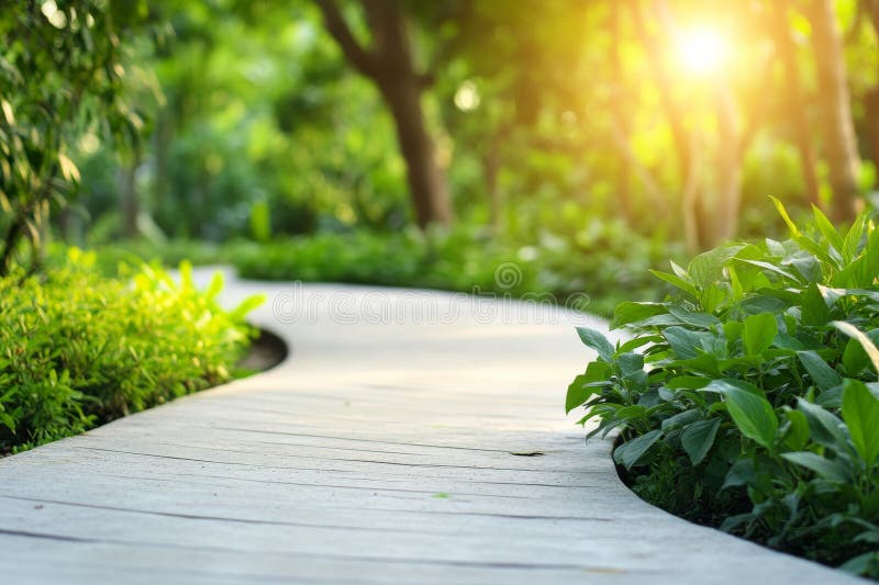 Serene Winding Path through Lush Greenery at Sunset in a Tranquil Park ...