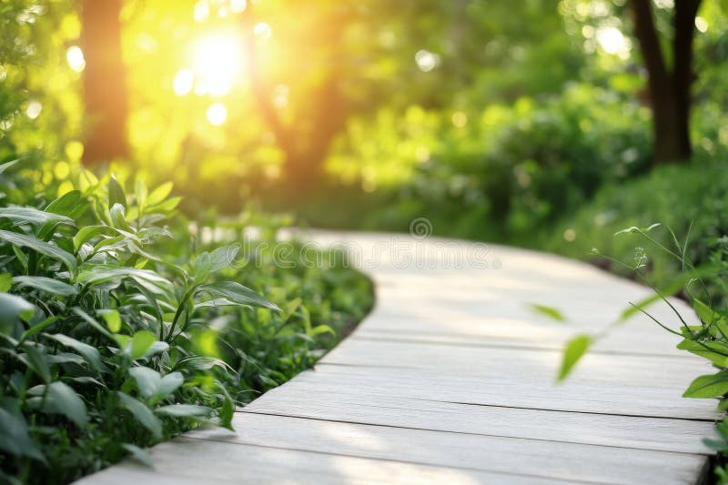 Serene Winding Path through Lush Greenery at Sunset in a Tranquil Park ...