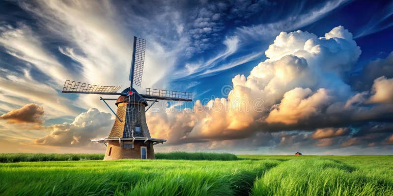 Serene Windmill in a Vibrant Green Field Under a Dramatic Sunset Sky. Generative AI Stock ...