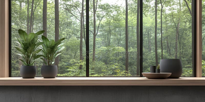 Serene Window View Lush Greenery Potted Plants Minimalist Decor Stock ...