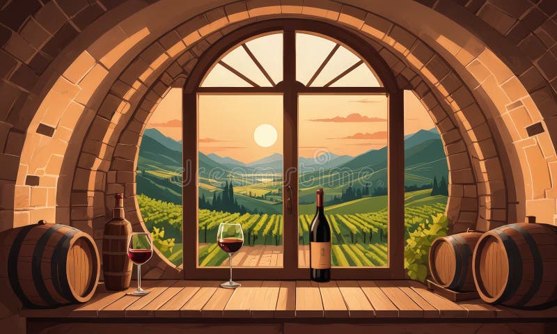 Serene Wine Cellar Scene Features Large Arched Window with View ...