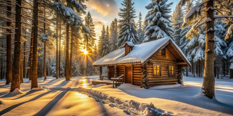 Serene Winter Cabin Sunset in a Snow Covered Forest. Generative AI ...