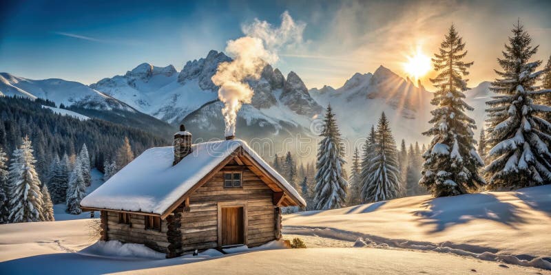 Serene Winter Cabin Sunset in Snowy Mountain Range. Generative AI Stock ...