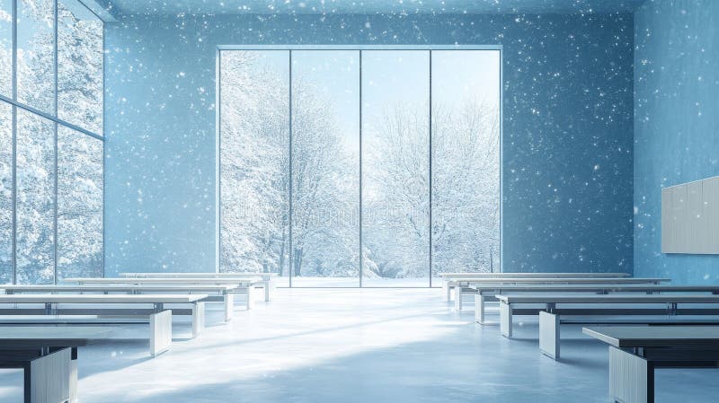 A Serene Winter Classroom with Large Windows and Snowflakes Falling ...