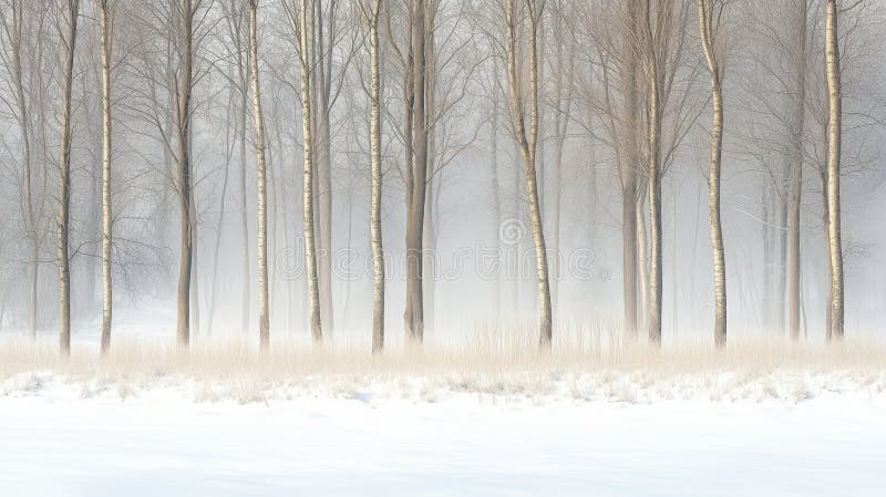 Serene Winter Forest Covered in Mist and Snow, with Bare Birch Trees ...