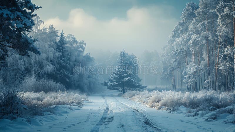 Serene Winter Forest Landscape with Snow-covered Pathway at Dawn Stock ...