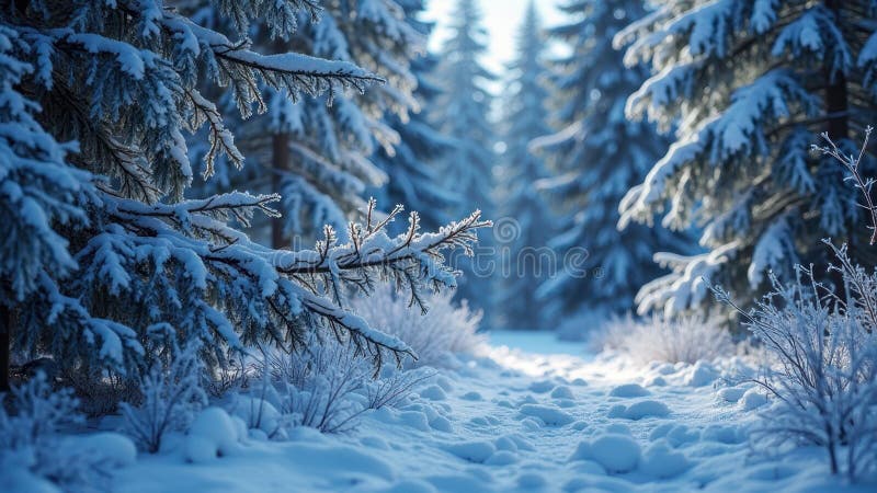 Serene Winter Forest Pathway with Snow-covered Trees and Sunlight Stock ...