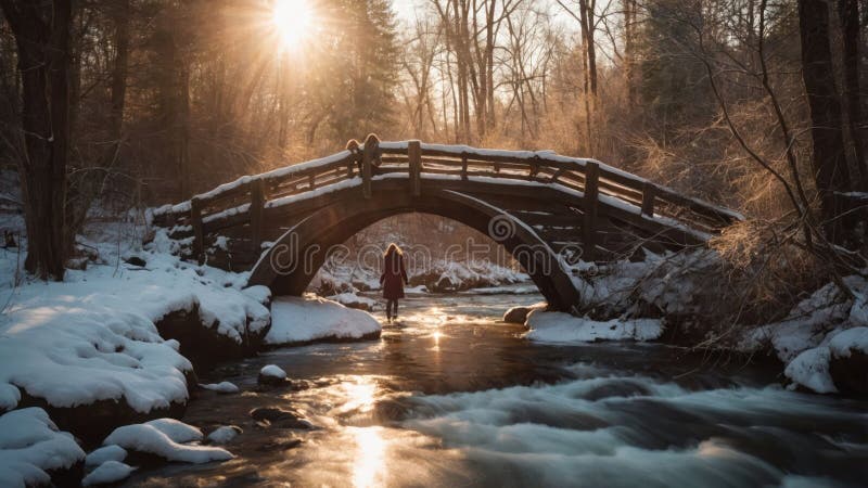 Serene Winter Scene: Woman Crossing a Snow-Covered Wooden Bridge at ...