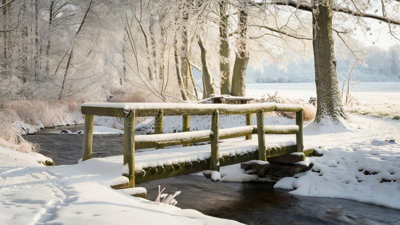 A Winter Wonderland: Rustic Bridge Over a Stream Stock Illustration ...