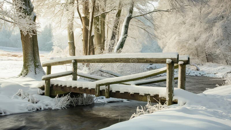 A Winter Wonderland: Rustic Bridge Over a Stream Stock Illustration ...