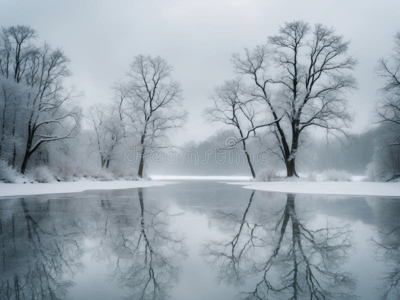 Serene Winter Landscape with Reflections of Trees and Snow on Calm ...