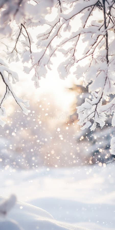 Serene Winter Landscape with Snow Covered Branches and Gentle Snowfall ...