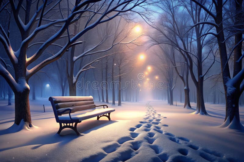Serene Winter Night Stroll through a Snow-covered Park with Soft ...