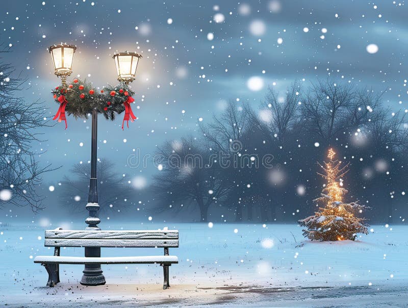 A Serene Winter Park Scene with a Bench and a Lamppost Adorned with ...