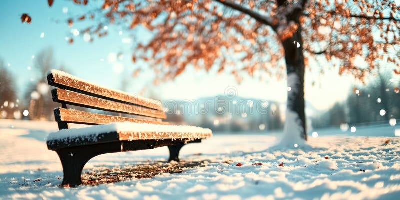 Serene Winter Park Scene with Snow-covered Bench and Tree Stock Image ...