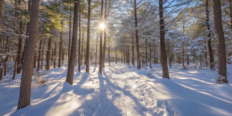 A Serene Winter Path through Pine Trees Evoking Solitude and Peaceful ...