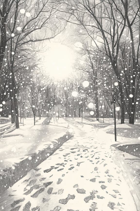 A Serene Winter Pathway Covered in Snow, Lit by the Warm Glow of ...