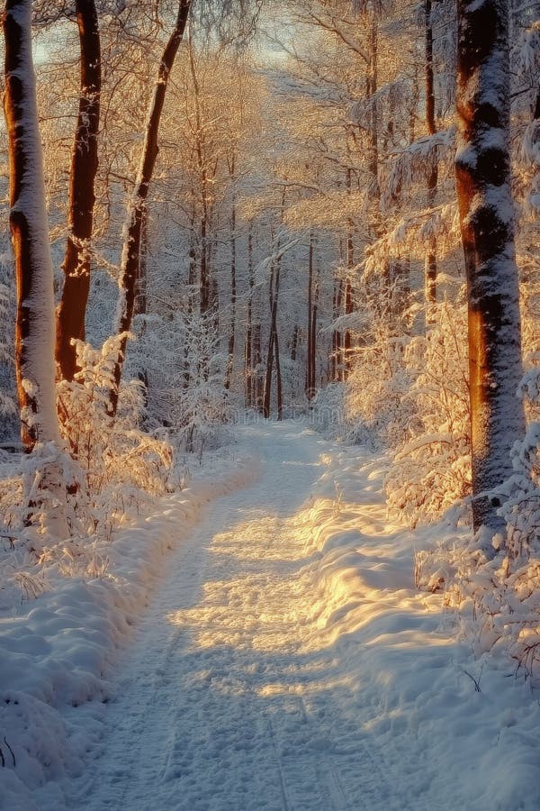 A Serene Winter Pathway through Snow-covered Trees at Sunset in a ...