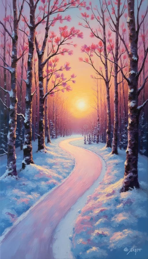 Serene Winter Pathway at Sunset Stock Image - Image of blossoms ...