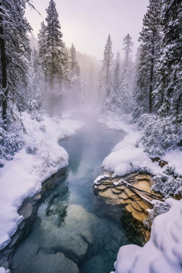 Serene Winter River in Snowy Forest with Misty Trees and Calm Waterflow ...
