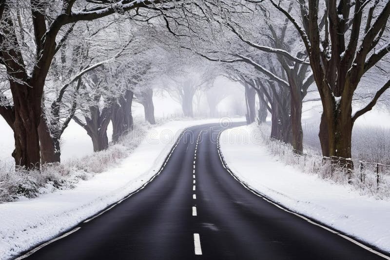 Serene Winter Road Scene with Snow Covered Ground and Bare Trees in the ...