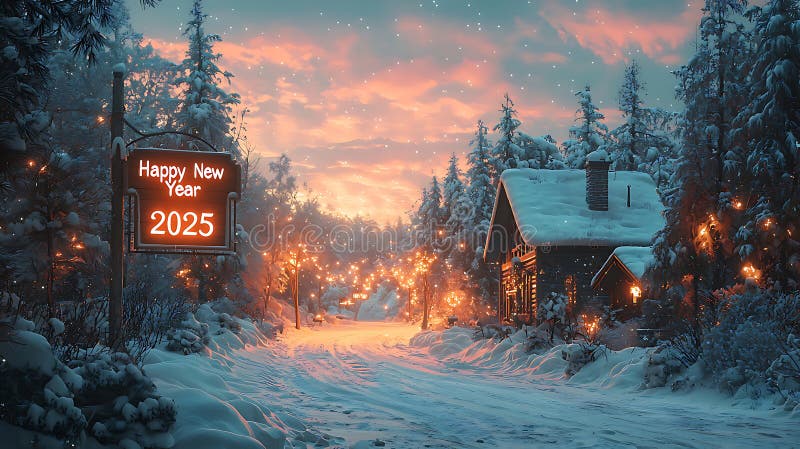 Serene Winter Scene with Cozy Cabin, Snow, and Festive Lights Stock ...