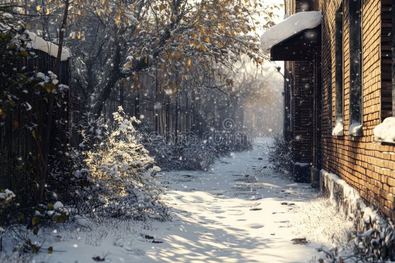 Snowy Pathway Lined with Trees beside a Brick Building in Winter ...