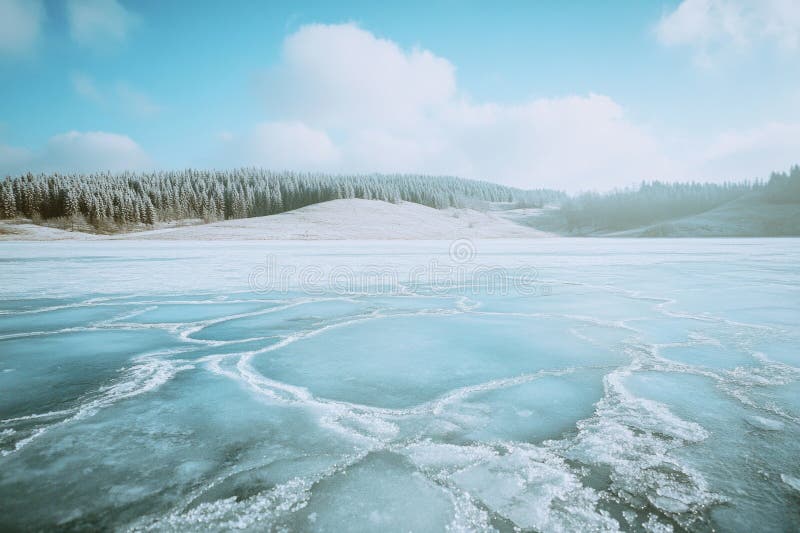 Serene Winter Scene Featuring Frozen Lake Surrounding Trees Stock ...