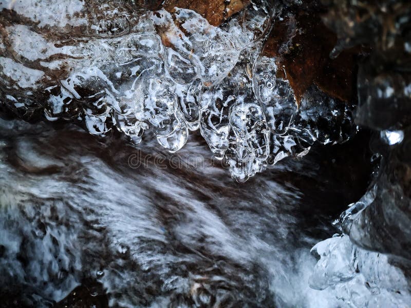 Frozen Stream with Blurred Flowing Water and Sharp Icicles Stock Image ...