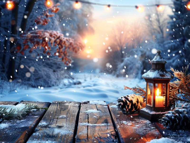 A Serene Winter Scene Featuring a Glowing Lantern, Snowfall, and a ...